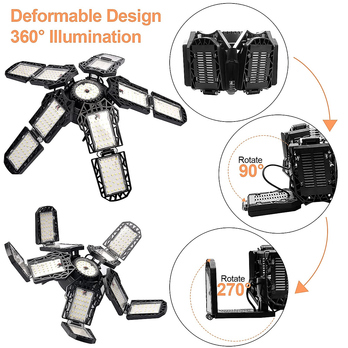 HEYPORK E26/E27 Socket Garage Light 180W 18,000LM 363Pcs LED Shop Light 6,500K Extra Bright LED Indoor Lights Foldable Garage Lighting Adjustable Garage Light Bulbs with Multiple LED Lights Deformable