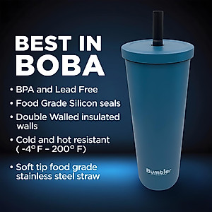 Stainless Steel Bubble Tea Cup - Bumbler 24oz Large Reusable Eco-Friendly Tumbler with Wide Soft Tip Metal Straw, Leak-Proof Lid - for Boba, Smoothies, Iced Coffee, Hot or Cold Drinks - Blue Eclipse