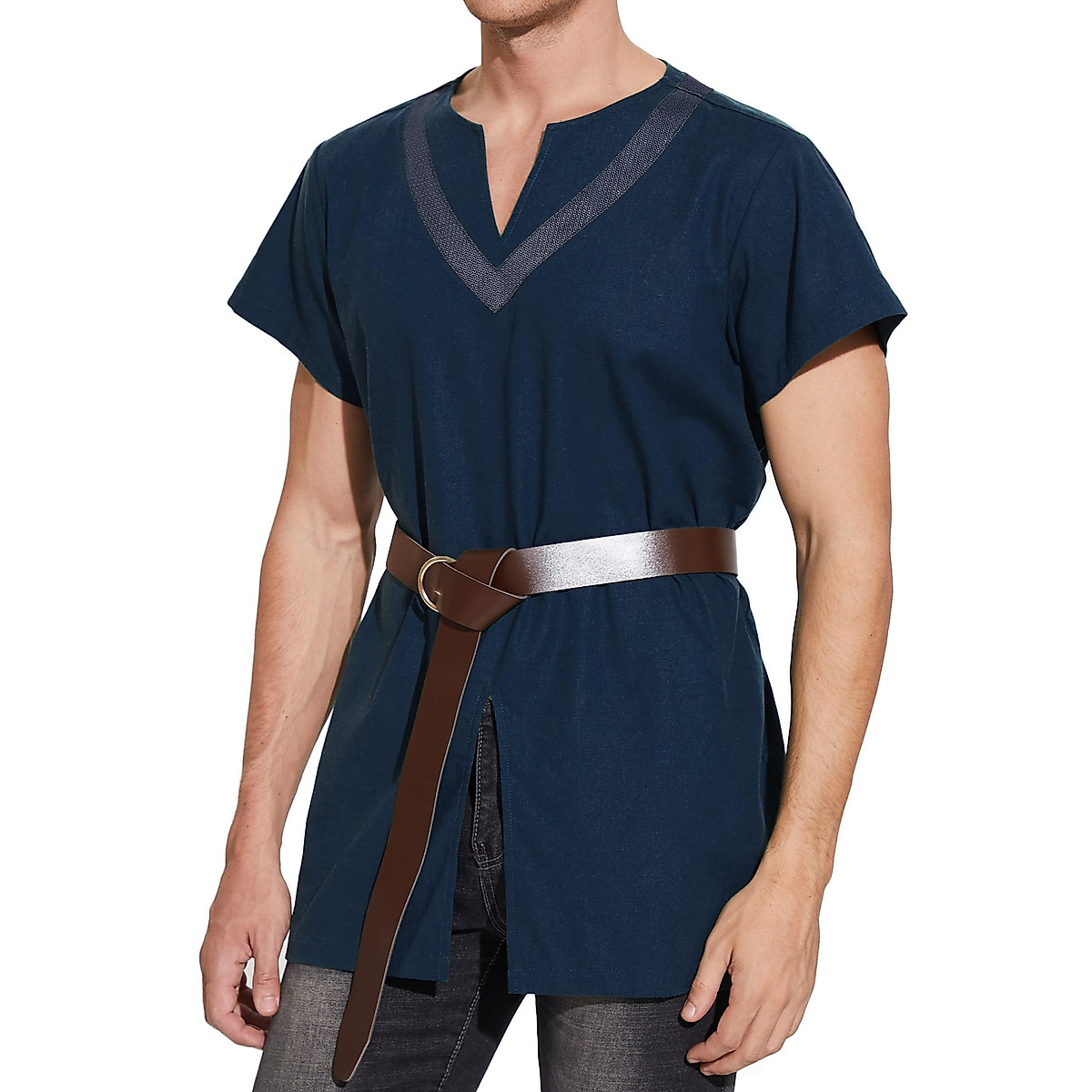 FURPHI US Size Medieval Linen Tunic with Belt for Men Medieval Shirt Knight Ren Faire Costume