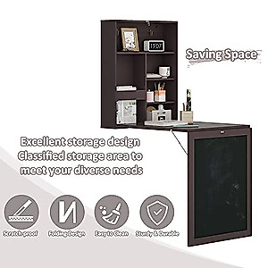 JAXPETY Wall Mounted Space-Saving Desk, Fold Out Computer Laptop Desk with Storage Bookcase & Chalkboard, Convertible Writing Desk for Home Office, Brown