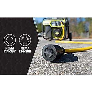Southwire 65172840 20-Foot 30Amp Generator Cord, 10-Gauge Heavy Duty Electrical Power Cable with L14-30 Locking Plug, 125V / 250V, Yellow, Feet, Black