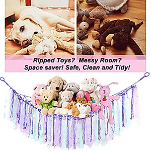 PlusRoc Stuffed Animal Storage Net Or Hammock With LED Star Light And Glow Stars, (Purple) Corner Toy Organizer Holder Bags For Kids Room Bedroom Wall Décor