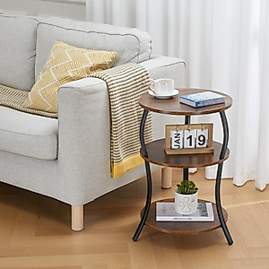 YEAKOO Round Side Table, 3-Tier Waist End Table with Storage Shelf, Side Tables Living Room,15.75x24’’Round End Table, Sofa Side Table, Snack Table TV Tray Table, Vintage Nightstand for Bedroom,Brown