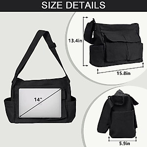 Canvas Messenger Bag Large Hobo Crossbody Bags with Multiple Pockets,School Vintage Shoulder Laptop Bag for Women and Men-Black