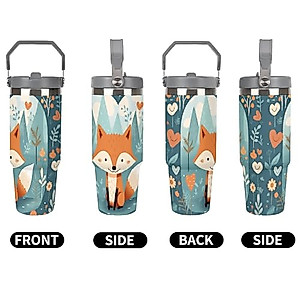 Fox And Heart 30oz Stainless Steel Insulated Tumbler with Straw & Foldable Handle - Leakproof, Double-Wall Vacuum Travel Thermos for Hot/Cold Drinks, Non-Slip Base, Fit Cup Holders