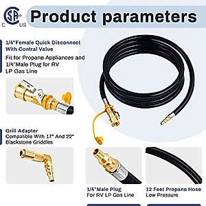 12FT Quick-Connect RV Propane Hose with 1/4" Safety Shutoff Valve and 1/4" Male Full Flow Plug, Low Pressure Quick Disconnect Propane Hose with Elbow Adapter for 17" and 22" Blackstone Griddles