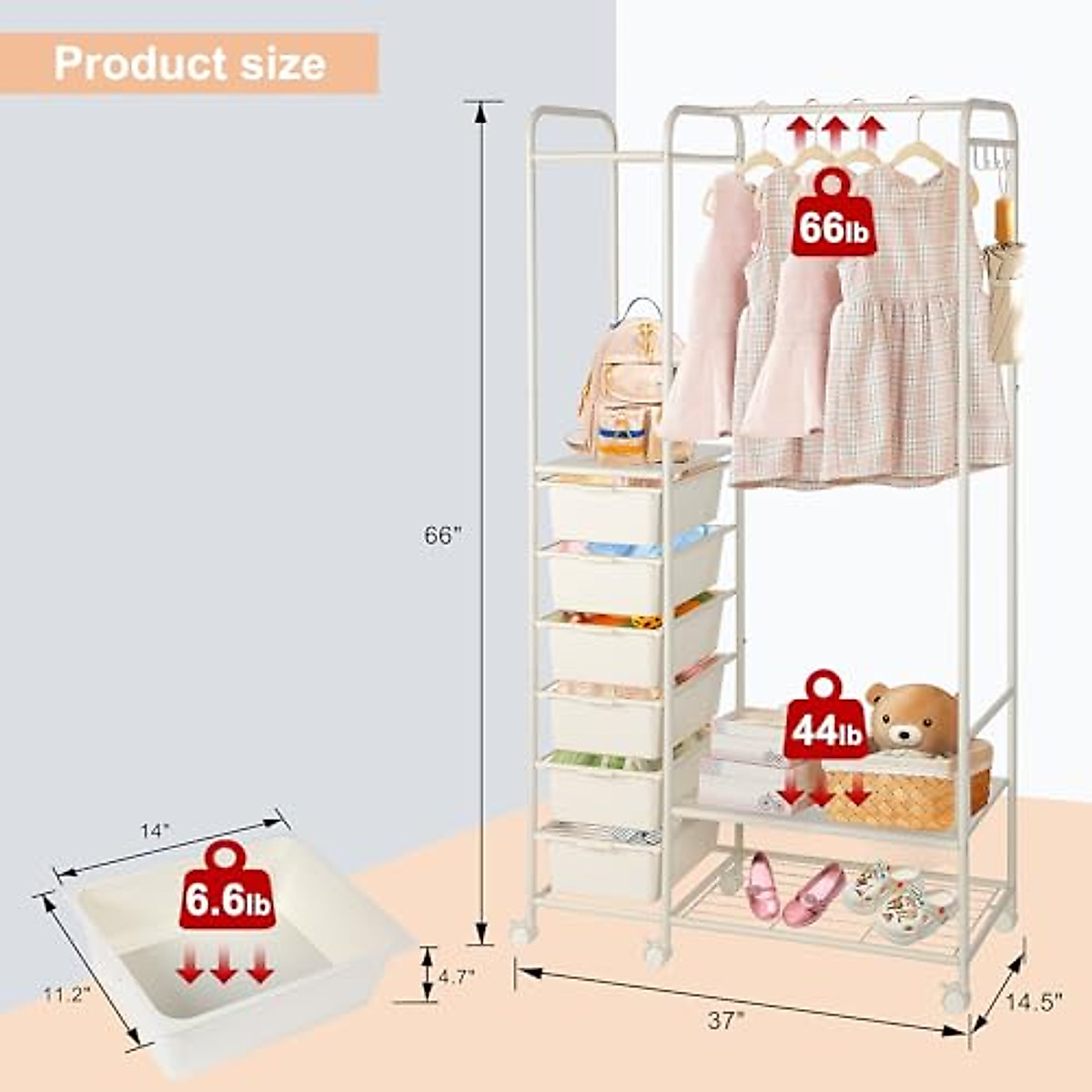 PACHIRA E-Commerce Rolling Clothes Rack for Hanging Clothes 6 Drawers, White Clothing Racks on Wheels Freestanding Clothing Garment Rack 37" W x 14.5" D x 66" H