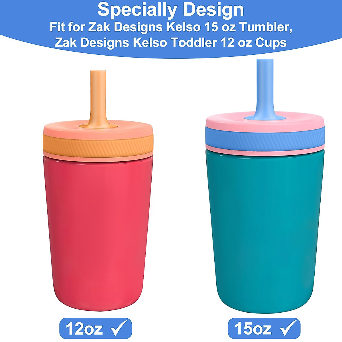 XANGNIER Replacement Straws and Bite Valve Compatible with Zak Designs Kelso 15 oz Tumbler Water Bottle,4 Pcs Reusable Silicone Straws with Cleaning Brush for Zak Designs Kelso 12 oz Cups