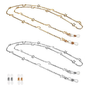Aabellay 2PCS Eyeglass Chain Sunglass Strap Holder Reading Glass Cords Lanyard Necklace Eyewear Retainer Metal Long Necklace Accessories with Rubber Ends –Style Star and Moon