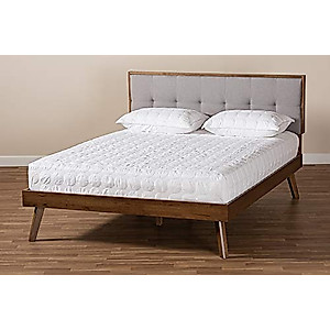 Baxton Studio Alke Mid-Century Modern Light Grey Fabric Upholstered Walnut Brown Finished Wood King Size Platform Bed