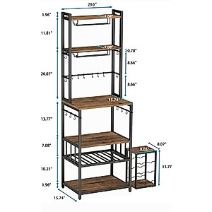 Amosic Wine Baker Rack, Industrial Wine Bar Cabinet, 6-Tier Wine Storage Display Shelves, Floor Liquor Wine Cabinet Storage with Rustic Wood Countertop Wine Rack 6 Bottles, for Bar (Rustic Brown)