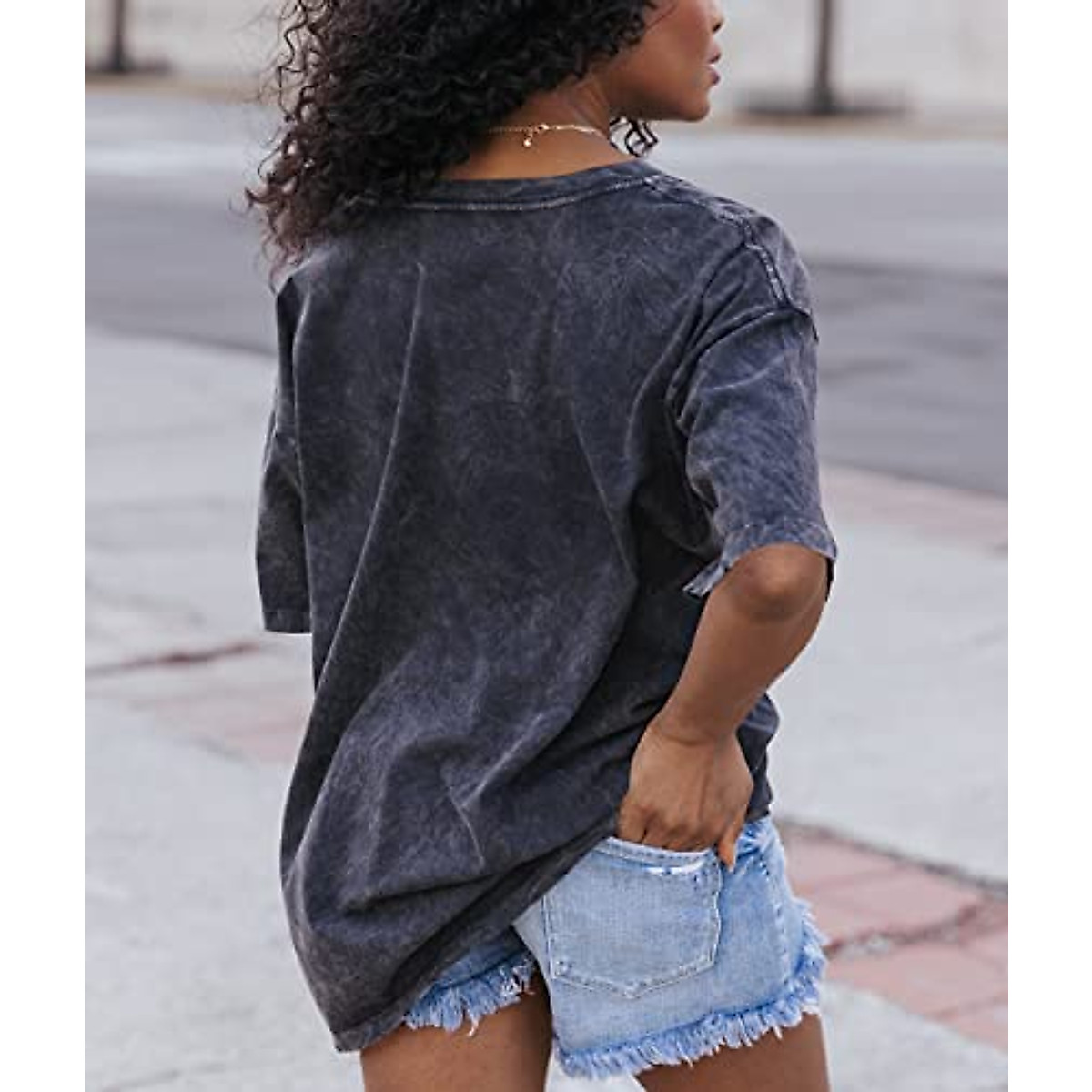 Flowyair Womens Oversized T Shirts Summer Loose Fit Cotton Short Sleeve Basic Tees Casual V Neck Boyfriend Tunic Tops Black Gray