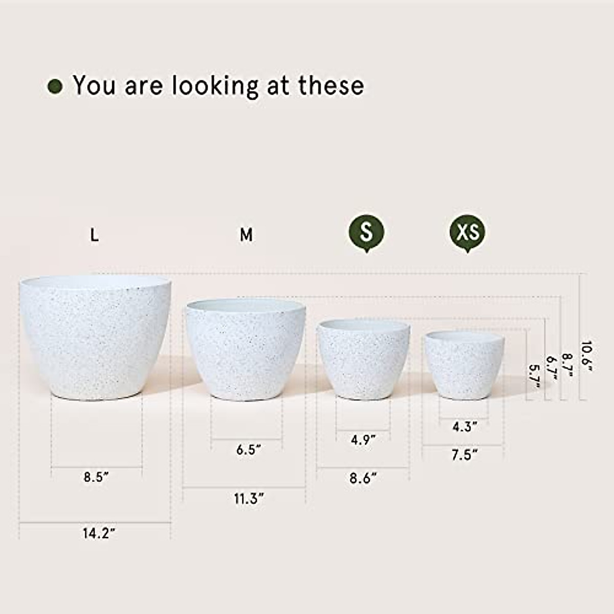 La Jolie Muse Flower Pots Outdoor Garden Planters, Indoor Plant Pots W/ Drainage Holes, Speckled White (8.6 + 7.5 Inch)