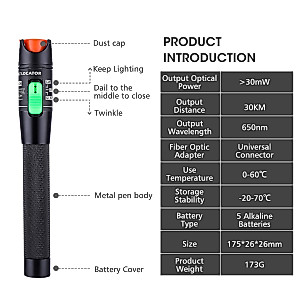 GOCHANGE 30mW 30KM Visual Fault Locator, Fiber Optic Cable Tester Meter, Red Light Cable Test Equipment for 2.5mm Universal Connector, FC to LC Adapter for CATV Telecommunications