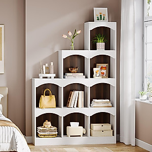 Tribesigns 9 Cubes Bookshelf, Modern 9-Cube Stepped Etagere Bookcase, L-Shaped Ladder Corner Open Bookshelf, Wood Storage Display Shelf for Living Room Home Office, White