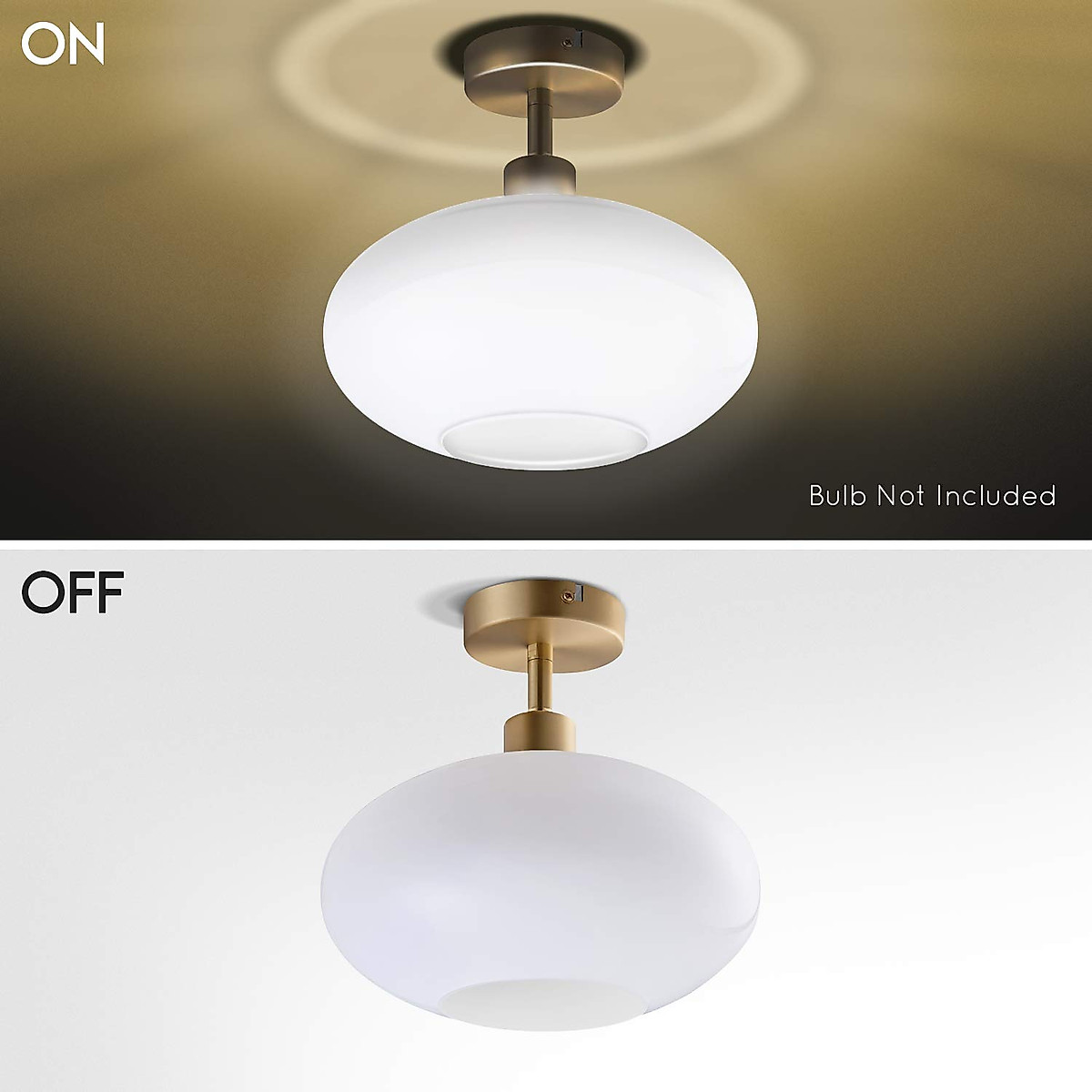 NW Archiology Semi Flush Mount, Modern Ceiling Light with Opaline Glass Shade&Brass Metal Base Layer, Light Fixture for Dining Room, Bedroom, Cafe, Bar, Hallway, Passway