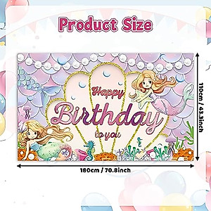 Mermaid Theme Happy Birthday Decorations Backdrop, Mermaid Birthday Backdrop Sign, Happy Birthday Banner, Photo Background for Girls, Birthday Party Supplies 70.8 x 43.3 inches