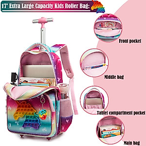 Egchescebo School Bags Kids Rolling Unicorn Backpack for Girls Luggage Suitcase With Wheels Trolley Wheeled Backpacks for Girls Travel Bags 17' 3PCS Toy With Lunch Box Pink