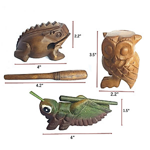 Cozinest Wooden Percussion Frog, Cricket and Owl Set 3 Musical Instrument Products From Thailand Home Office Decoration Nice Gift (Small)