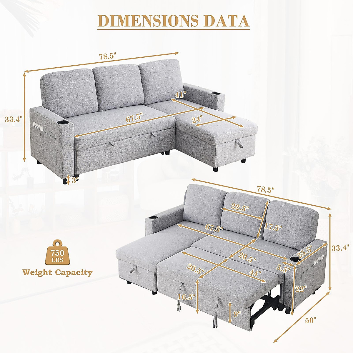 JEEOHEY 78.5" L Shape Couch Sofa,Linen Convertible Modular Sectional 3 Seater Couch w/Reversible Storage Chaise&Cup Holder,Sleeper Pull Out Sofa Bed for Living Room,Apartment,Small Place(Light Grey)