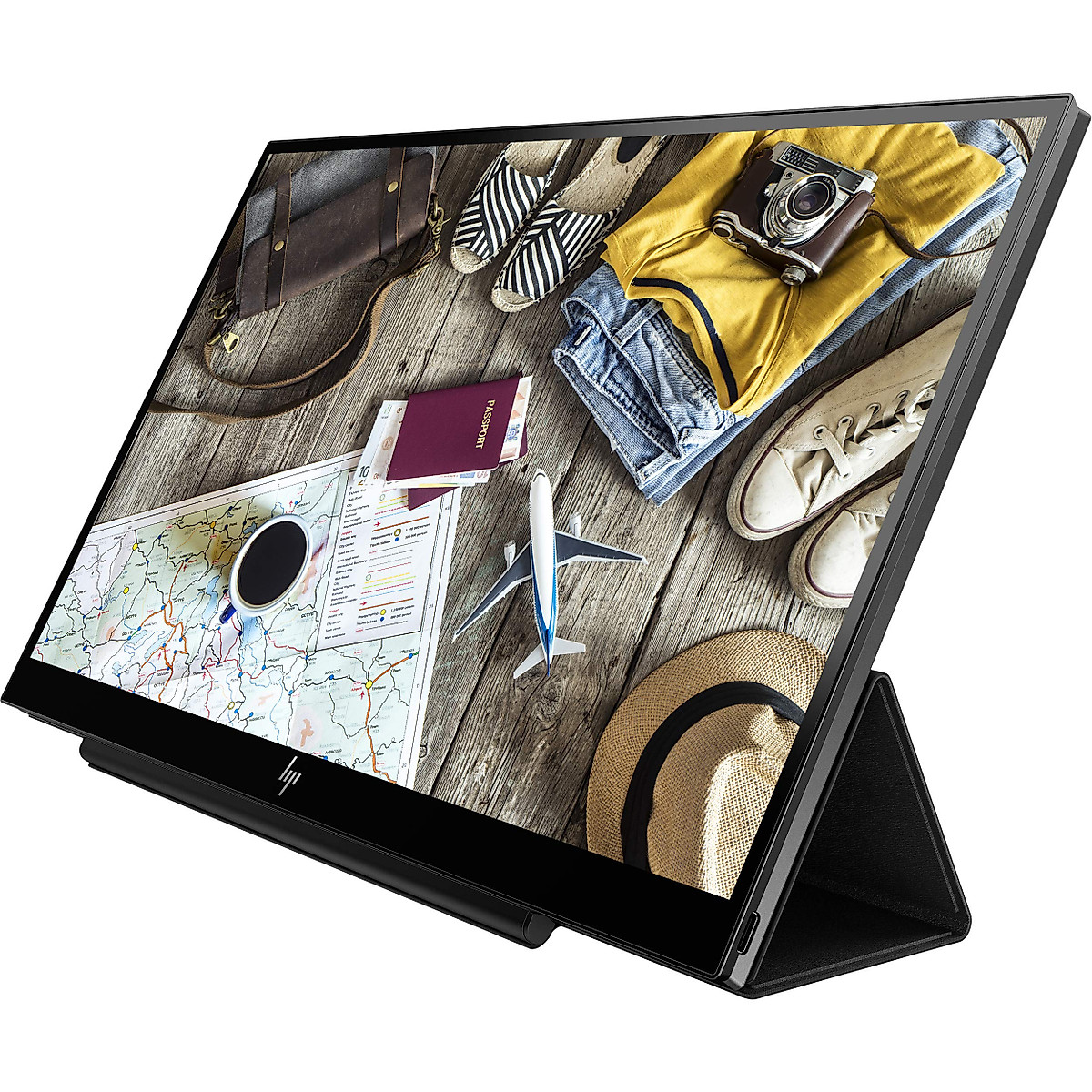 HP E14 FHD (1920 x 1080) Portable Travel Monitor Bundle with USB Type-C, Black Marble Bluetooth Folding Wireless Keyboard, and Black Pebble M355 Bluetooth Wireless Mouse