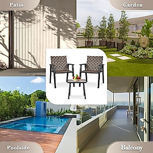 Athena Collection Outdoor Patio Bistro Set 3 Pieces Conversation Set Steel Frame Rattan Furniture Set Wicker Balcony Chairs Set of 2 and Side Table for Garden Backyard Balcony, Black
