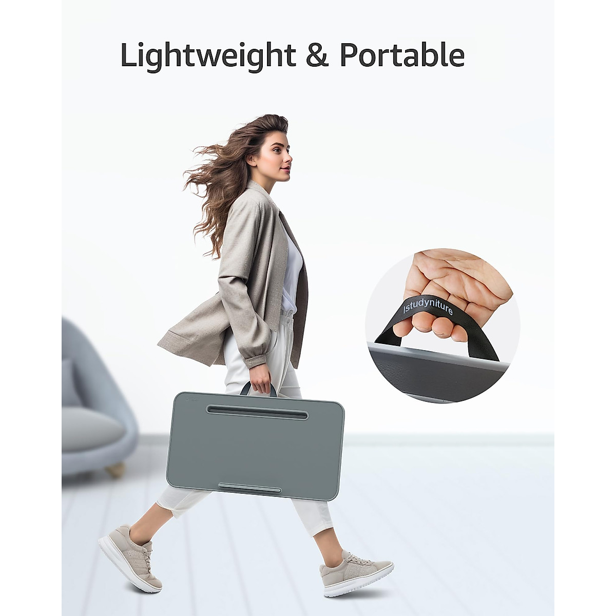 Lap Desk, Portable Laptop Lap Desk with Pillow Cushion, Fits up to 17 inch Laptop, Laptop Stand with Device Ledge and Phone Holder, for Home Office, Gray, ISTUDYNITURE……