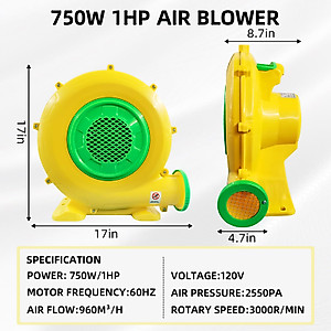GONFLABLE 750W Bounce House Blower, Powerful Air Blower for Inflatable, Portable Inflatable Bubble House Blower Pump Fan for Inflatable Bouncy Castle, Jumper, Water Slide, Blower Corded(750 Watt 1HP)