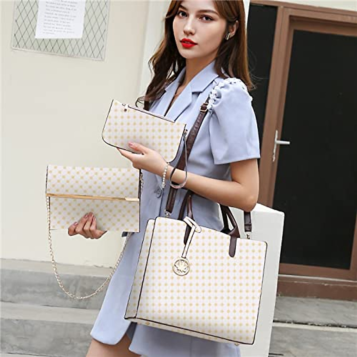 Handbags for Women Fashion Tote Bags Shoulder Bag Top Handle Satchel Purse Set 3pcs. (Beige White)