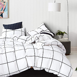 KAREVER White Grid Comforter Set Big Grid Queen Cotton White Black Plaid Printed Stripes Women Checkered Queen Comforters Bedding Set Bed Blanket Set White Plaid Comforter