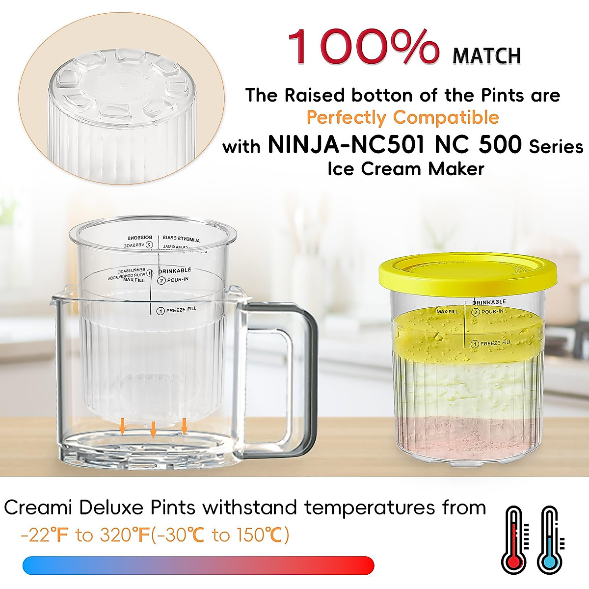 Creami Pints and Lids - 4 pack for Ninja Creami Deluxe 11-in-1, 24oz Ice Cream Containers Cups Compatible with NC500 NC501 Series Ice Cream Maker, Replacement Pints Containers Dishwasher Safe BPA-Free