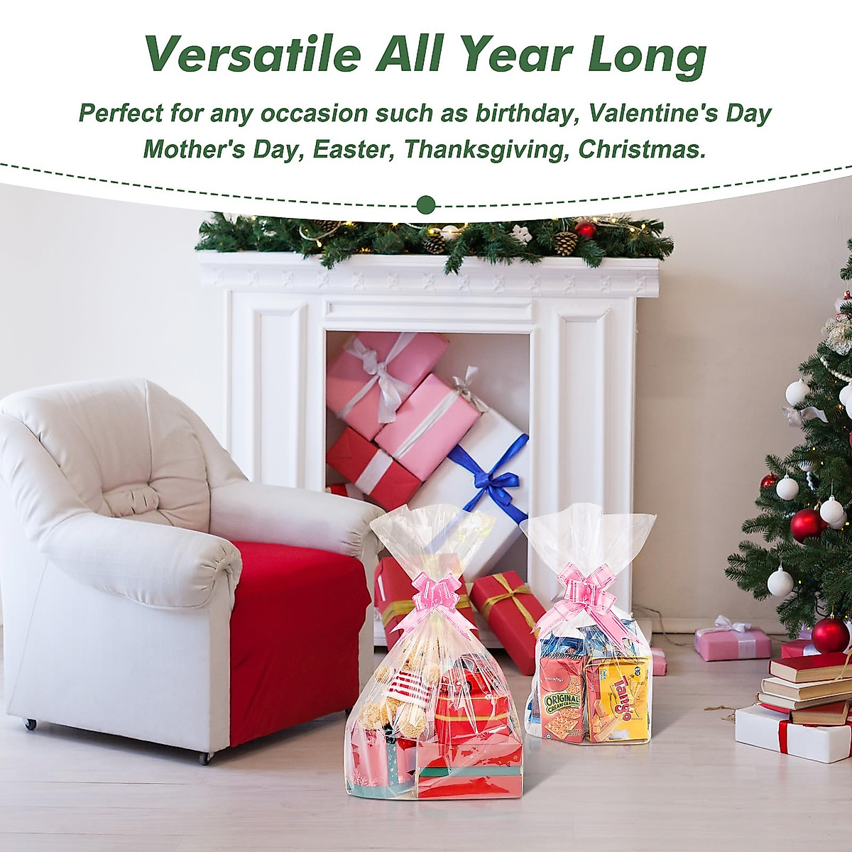 50 Packs Large Cellophane Bags 24" x 30" Clear Cellophane Gift Basket Wraps Extra-large 2.3 Mil Thick Clear Cello Bags for Fruit Basket, Gift Wrap, Treats, Arts and Crafts, 50ct Ribbon Bows