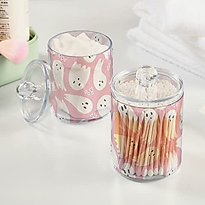 Clear Plastic Jar Set for Cotton Ball, Cotton Swab, Cotton Round Pads, Floss, Pink Cute Halloween Ghost Bathroom Canisters Storage Organizer, Vanity Makeup Organizer,2Pack