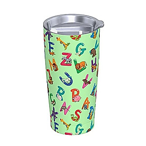 Green Animal Alphabet ABC Tumbler With Lid and Straw 20 Oz Travel Coffee Mug Reusable Food Grade Vacuum Water Glasses Thermal Cup Stainless Steel Insulated Coffee Cups for Ice Drinks and Hot Beverage