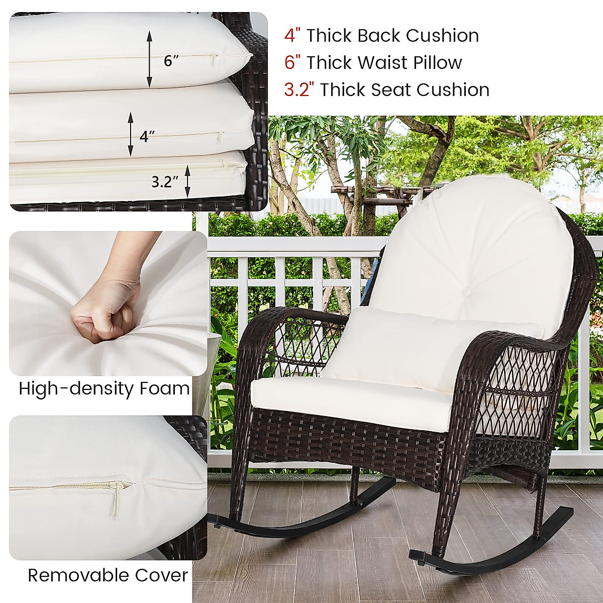 ORALNER Patio Wicker Rocking Chair, Outdoor PE Rattan Rocker with Seat and Back Cushion, Waist Pillow, Armrests, Garden Chair for Porch, Backyard, Poolside, Deck (1, Off White)