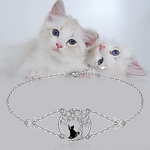 Black Cat Bracelet for Women Tree of Life Sterling Silver Cat Bracelets Black Cats Halloween Cats Lover Gifts
