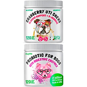 Cranberry UTI Chews for Dogs Bladder Suppot + D-Mannose Supports Kidney Urinary Tract 120 Chews and Probiotics for Dogs Natural Digestive Enzymes Prebiotics for Allergy 120 Chews