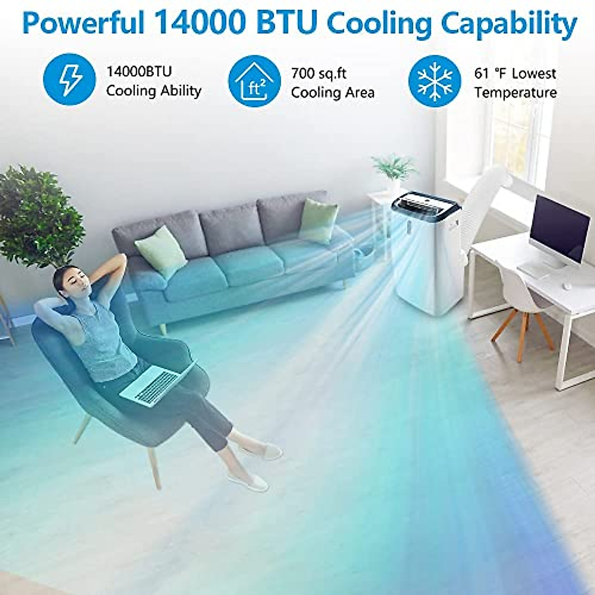 Rintuf 14000 BTU ASHRAE Portable Air Conditioner, Portable AC Cools to 700 Sq.ft Room, AC Unit for Cooling & Dehumidifier & Fan, With LED Display Remote Control, Window Kits, Universal Wheels
