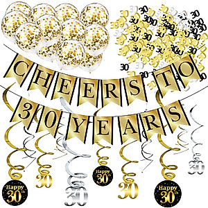 30th Birthday and Anniversary Decorations Party Pack - Cheers to 30 Years Banner, Balloons, Swirls and Confetti Party Supplies