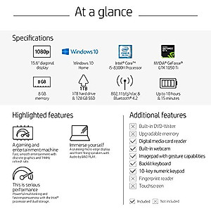 HP Pavilion Gaming 15-inch Laptop, Intel Core i5-8300H Processor, NVIDIA GeForce GTX 1050 Ti 4 GB, 8 GB RAM, 1 TB hard drive and 128 GB SSD, Windows 10 Home (15-cx0030nr, Black)