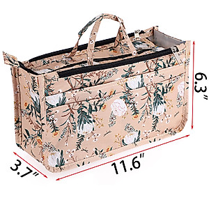 BTSKY Printing Handbag Organizers Inside Purse Insert - High Capacity 13 Pockets Bag Tote Organizer with Handle (White Flower)