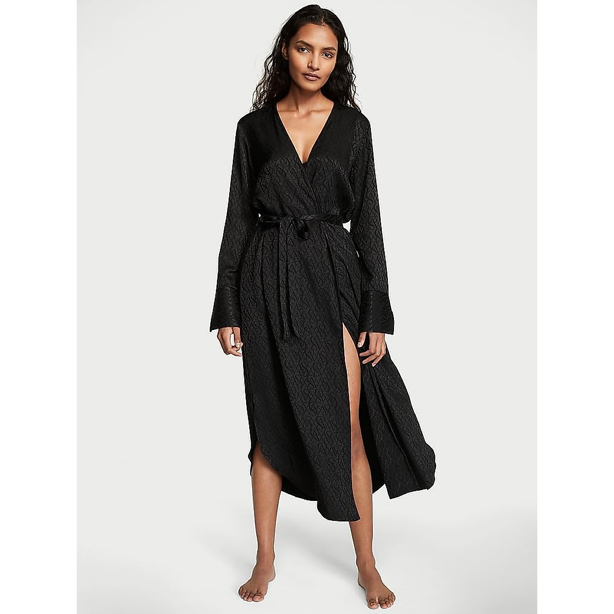 Victoria's Secret Icon Satin Long Robe, VS Logo Kimono, Women's Lingerie, Black (XS/S)