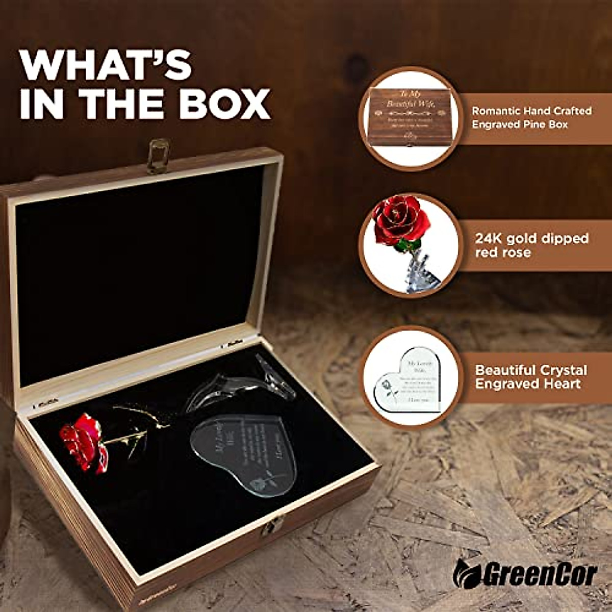 GreenCor Anniversary for Wife | Her | Women Engraved Wooden Gift Set 'to My Beautiful Wife' Includes Crystal Engraved Heart | 24K Gold Dipped Rose for Birthday Gifts & Valentines Day