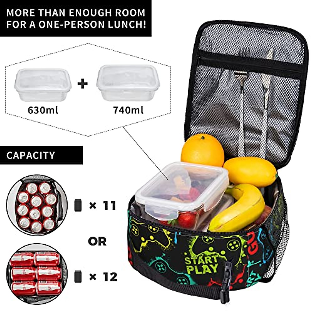 FUABJPOI Video Game Controller Insulated Lunch Bag - Reusable Lunch Box - Portable Lunch Tote For Women Men And Kids