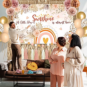 Boho Baby Shower Decorations for Girl A Little Ray of Sunshine Daisy Boho Backdrop Blush Pink Balloons Dusty Rose Paper PomPoms Champagne Fringe Curtain for Boho Rainbow Birthday Baby Shower Decor