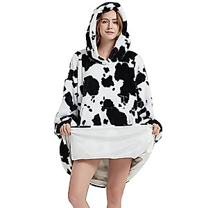 softan Blanket Hoodie, Oversized Wearable Blanket for Adult Men Women, Super Cozy Warm and Soft Hooded Blanket Sweatshirt, Cow Print Faux Fur Blanket Sweatshirt with Large Pocket, One Size Fits All