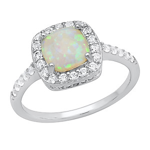 Dazzlingrock Collection 7 mm Cushion Lab Created Opal & Round White Sapphire Women Halo Style Vintage Traditional Engagement Ring | 925 Sterling Silver, Size 8
