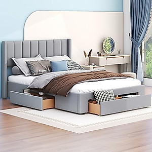 HAUSHECK Queen Upholstered Size with 3 Storage Drawer and Classic Wingback Headboard, Modern Platform Frame w/Wooden Slats Support Mattress Foundation, Bed No Box Spring Needed, Gray