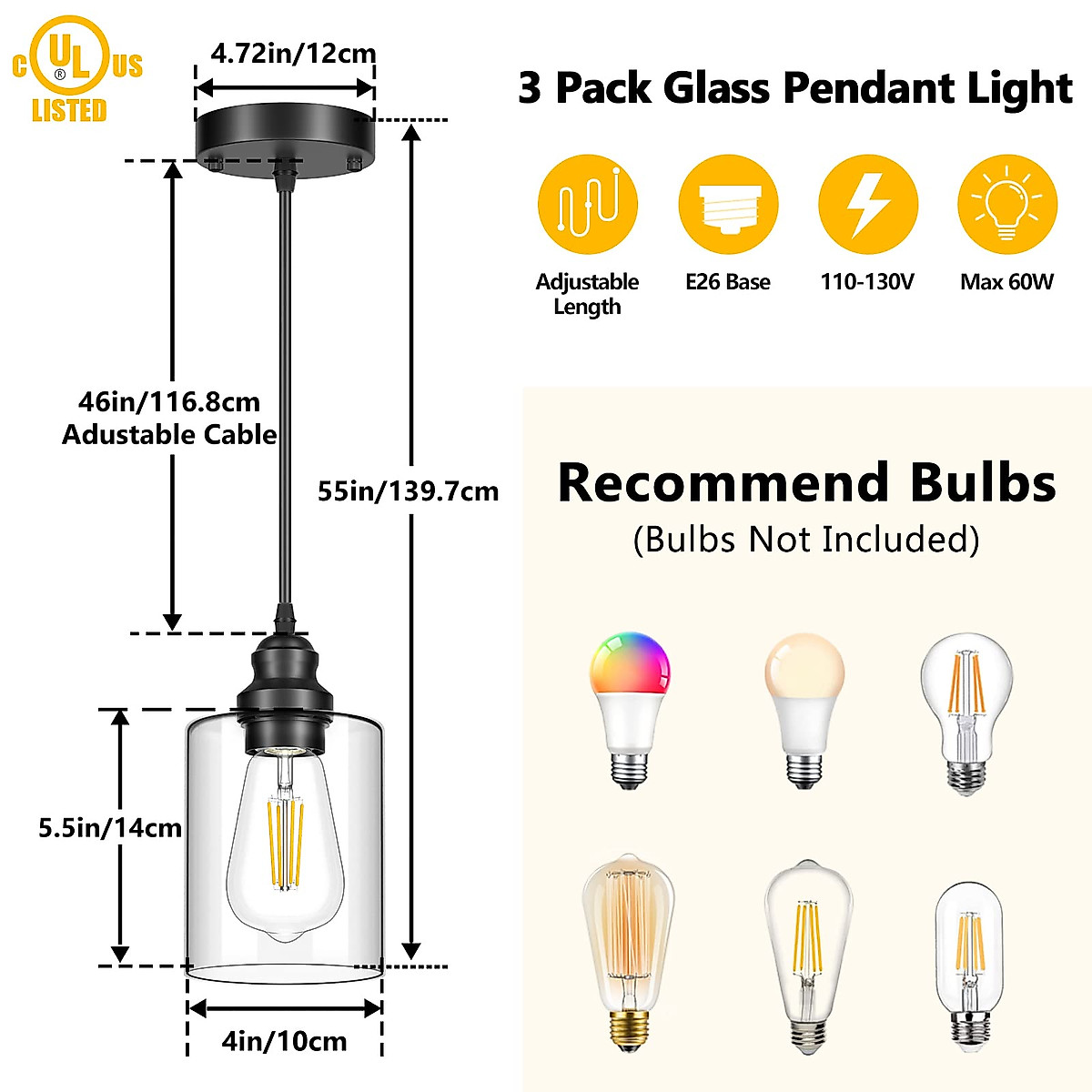 Licperron 3 Pack Hanging Pendant Lighting Fixtures, Adjustable Black Hanging Ceiling Lamp with Clear Glass Shade, Modern Pendant Light for Kitchen Island, Dining Room, Bedroom, Hallway