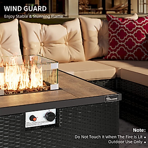 YITAHOME 32 Inch Outdoor Low Propane Fire Table, 40,000 BTU Gas Fire Pit, Square Ceramic Tile Firtable with Wood Grain, Brown Wicker Base, Weatherproof Cover & Lid for Patio (Fit Outside 20lbs Tank)